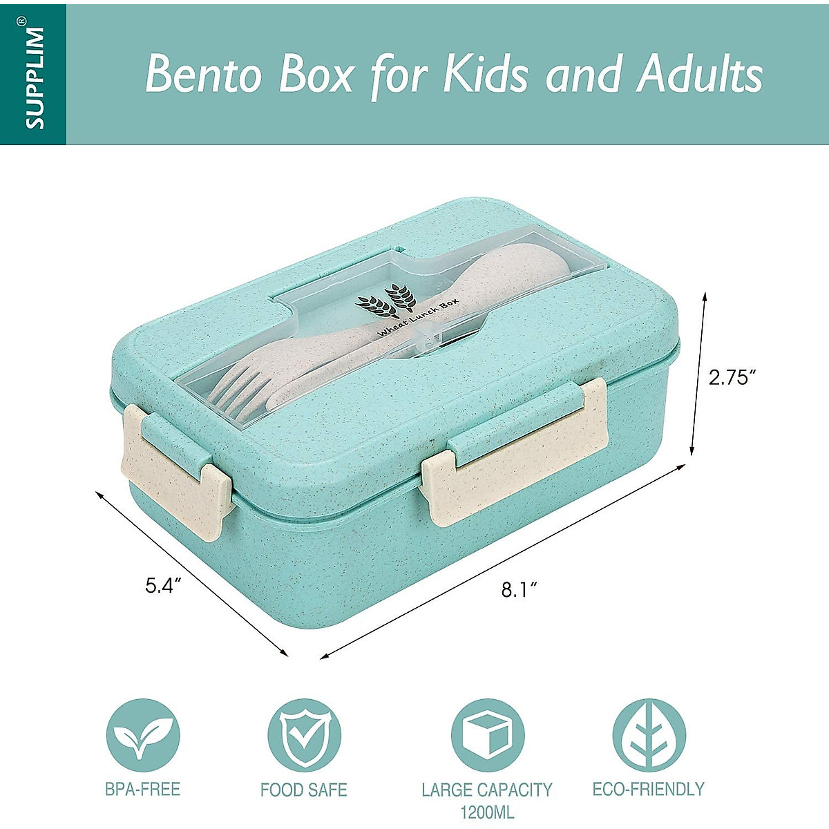 Supplim Bento Box For Kids Adults Lunch Box With 3 Compartment,Wheat Fiber Leak Proof Food Container With Spoon & Fork,1200ML Lunch Boxes Containers For Men Women (Model2-Green)