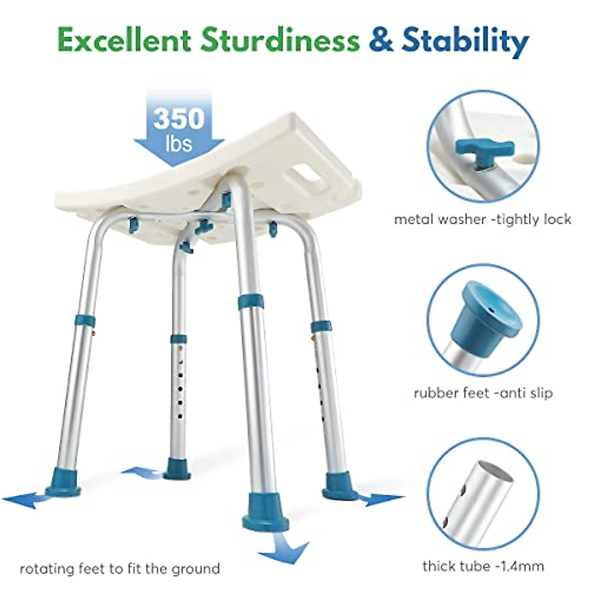 Auitoa Shower Stool with Shower Head Holder and Handles, Tool-Free Assembly Shower Chair for Bathtub and Inside Shower, Adjustable Shower Seat for Seniors, Elderly, Handicapped, Pregnant (350lbs)