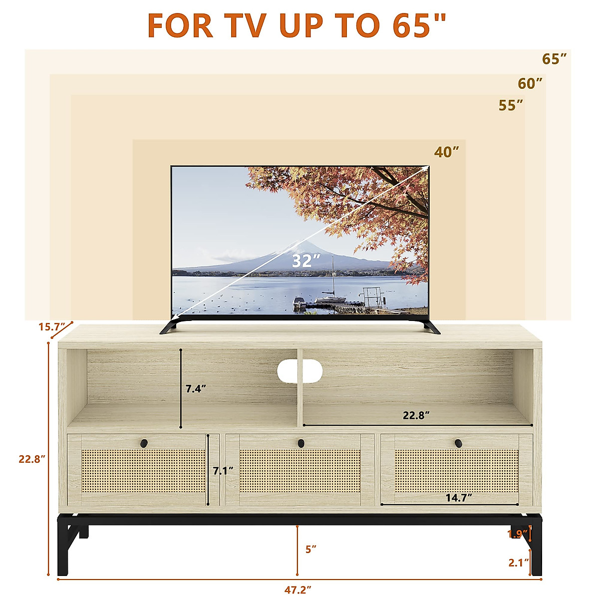 Lamerge 47.2" Rattan TV Cabinet/TV Stand/TV Table with 3 Drawers,Media Console,Boho Farmhouse Entertainment Center,Storage Cabinet for Living Room or Media Room,Natural Oak