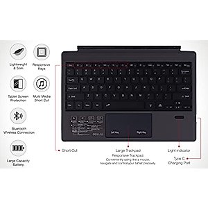 Keyboard Replacement Type Cover Trackpad Mouse for Microsoft Surface Pro 7 / 6 / 5 / 4 / 3 Ergonomic Portable Slim Wireless Bluetooth Rechargeable (with Backlit)
