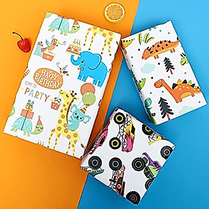 BULKYTREE Birthday Wrapping Paper for Boys Kids, Recycled Gift Wrapping Paper, Happy Animals, Cute Dinosaur, Monster Truck Gift Wrap for Birthday Baby Shower and Holiday - 3 Pack, 18 x 120 Inch Per Roll