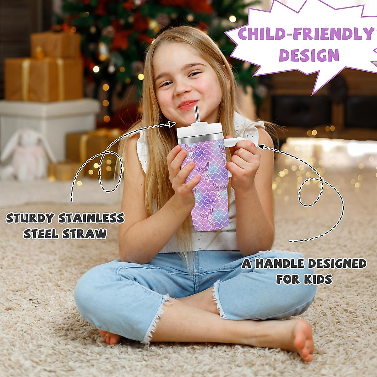 Mermaid Gifts for Women Girls, Mermaid Tail Tumbler with Handle and Straw 14 oz, Stainless Steel Mermaid Cups Mug, Mermaid Stuff, Mermaid Decor for Mermaid Lover for Birthday Valentines Day