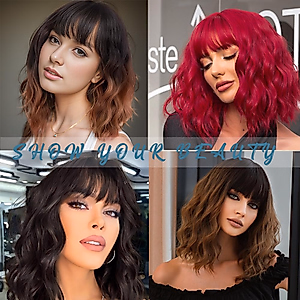 WAVE&BREEZE 14 Inch Black Mixed Brown Highlights Wigs for Women Short Wavy Curly Wig With Bangs Natural Looking Synthetic Hair Wigs Heat Resistant Fiber Wig for Daily Party (Black Mixed Brown)