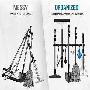 COOKCUTE Broom Holder Wall Mount, 5 Slots 4 Hooks Black Stainless Steel Broom Organizer Wall Mount Mop and Broom Holder Wall Mounted Heavy Duty, Broom Hanger Self Adhesive, Mop Holder Garage Shelving