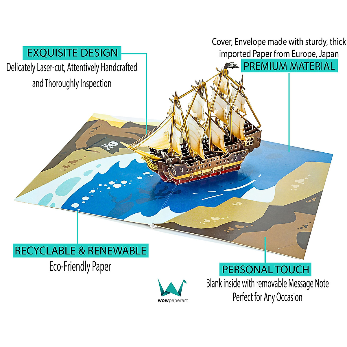 Pirate Ship - 3D Color Pop Up Greeting Card For All Occasions - Love, Birthday, Christmas, Good luck, Father's Day, Adventure, Travel - Message Note for Personalized - Thick Envelope, Fold Flat