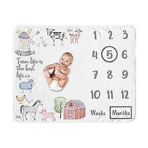 Sweet Jojo Designs Farm Animals Boy or Girl Milestone Blanket Monthly Newborn First Year Growth Mat Baby Shower Memory Keepsake Gift Picture - Watercolor Farmhouse Barn Horse Cow Sheep Pig Farm Life