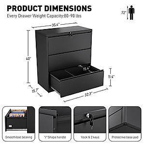 WIILAYOK Lateral File Cabinet with Lock,3 Drawer File Cabinet for Home and Office, Organizer Storage Lateral Locking Filing Cabinet, Black