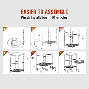 VEVOR Kitchen Utility Cart, 3 Tiers, Wire Rolling Cart with 470LBS Capacity, Steel Service Cart on Wheels, Metal Storage Trolley with 76mm Basket Curved Handle PP Liner 6 Hooks, for Indoor and Outdoor
