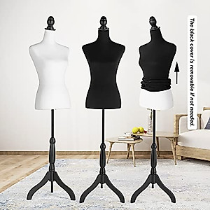 Female Mannequin Torso with Adjustable Tripod Stand, 2 in 1 Dress Form White Mannequin Body w/ Detachable Black Torso Cover for Sewing, Dressmaker, Home Decor, Jewelry & Clothing Display