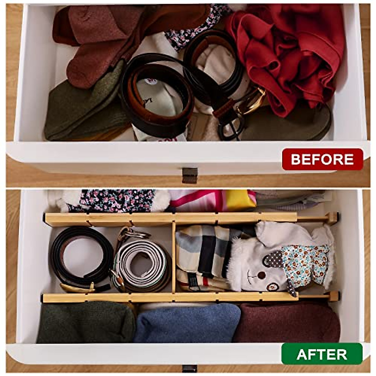 horganize Bamboo Drawer Dividers with Inserts, 8 Pack Kitchen Drawer Dividers Adjustable (17-22 inches) for Clothes, Dresser, Bathroom, Office