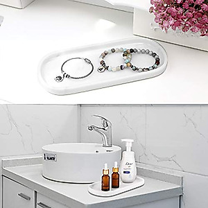 Emibele Bathroom Vanity Tray, 10" Oval Storage Tray for Dresser Toilet Tank Kitchen Sink Countertop Organizer, Resin Jewelry Ring Dish Cosmetic Decor Tray for Perfume Candle Soap Shampoo, Marble White