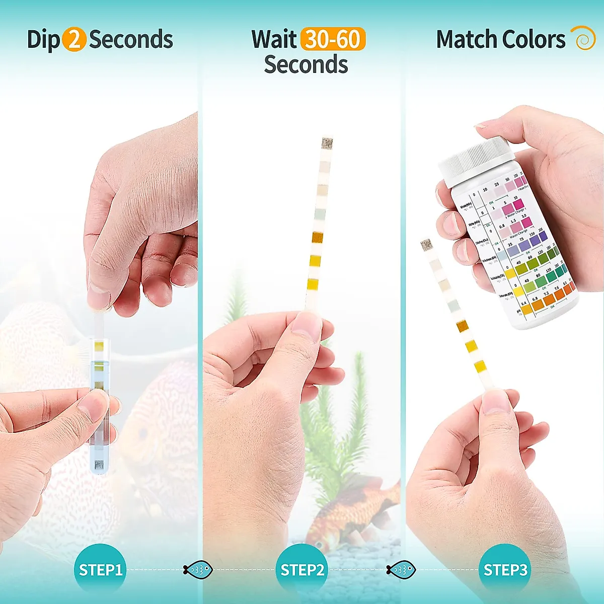 Umlecoa 7 in 1 Aquarium Test Kit for Freshwater and Saltwater - 125 Aquarium Test Strips with Test Tube & Thermometer - Fast & Accurate Water Testing Strips for Aquarium/Pond/Pool