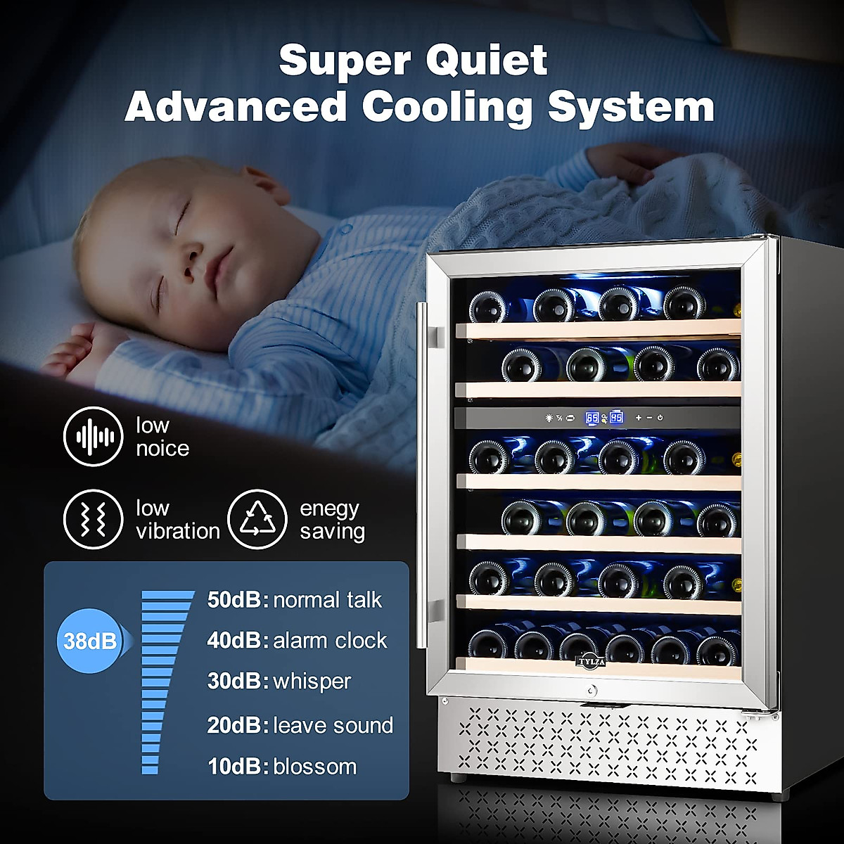 Tylza 24 Inch Wine Cooler Refrigerator 46 Bottle Dual Zone Built-in or Freestanding 24'' Wine Fridge with Stainless Steel & Professional Compressor and Temperature Memory Function