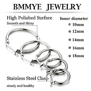10 Pairs Silver Hoop Earrings for Women Small Stainless Steel Hypoallergenic Earrings Set Mens Unisex Nickel Free 10MM-18MM