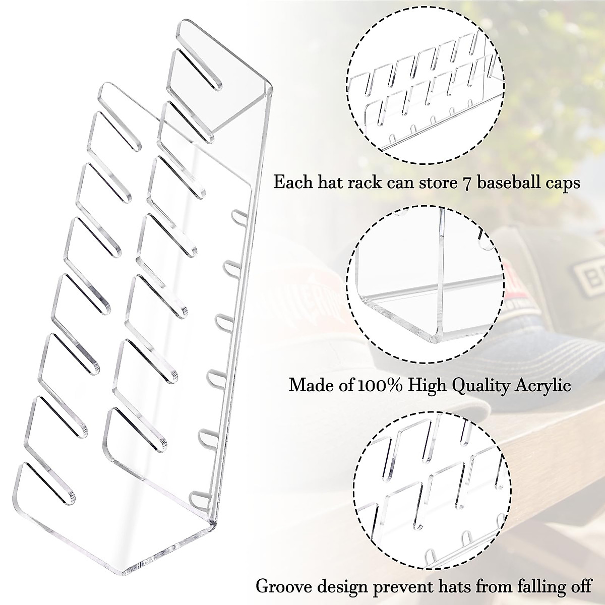 Waipfaru 2 Pcs Hat Stand for Baseball Caps, Acrylic Hat Organizer Display Holder, No Install Hat Rack Shelf for 14 Baseball Caps for Bedroom, Closet, Dresser(Clear)