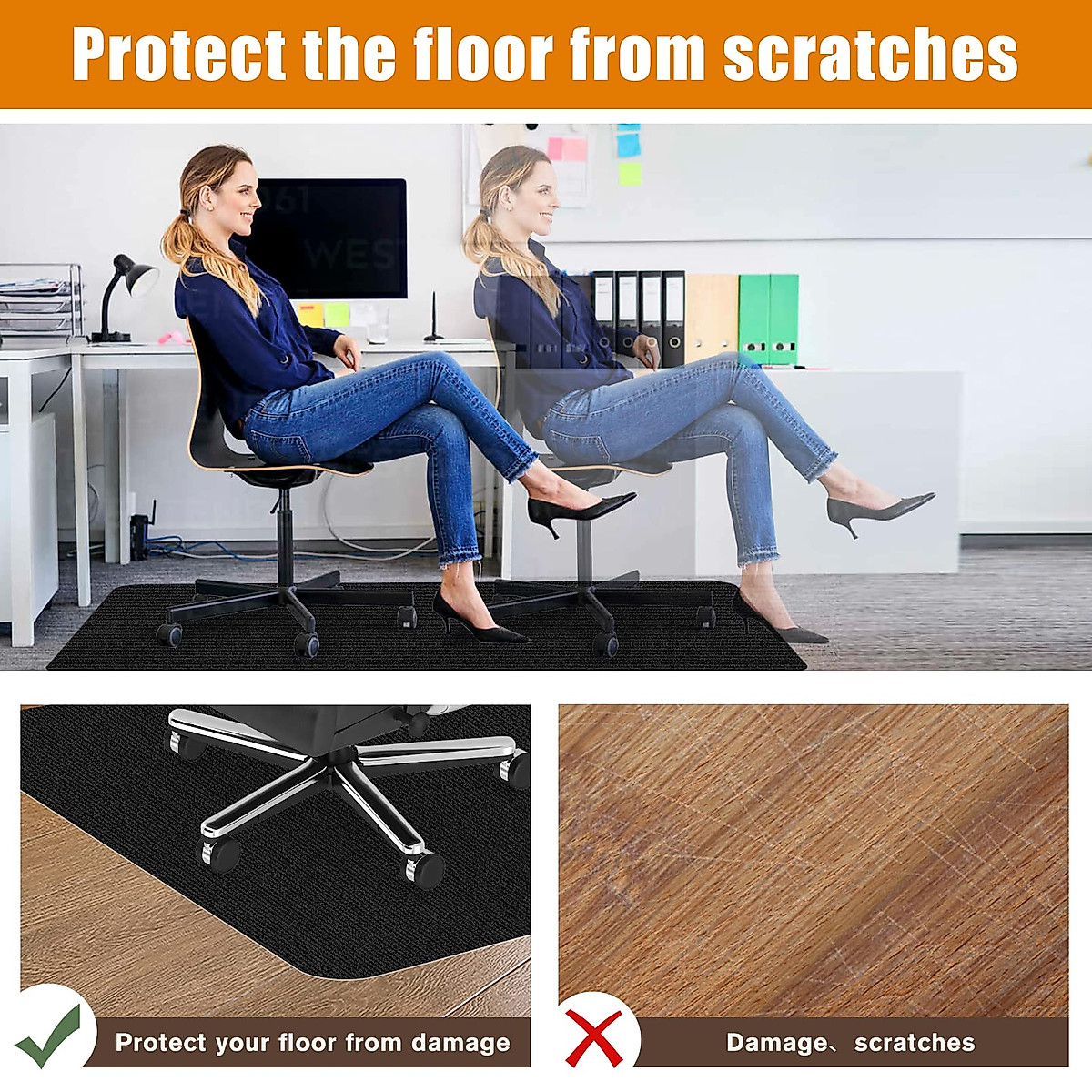Office Chair Mat for Hardwood & Tile Floor, Computer Gaming Rolling Chair Mat, Under Desk Low-Pile Rug, Large Anti-Slip Floor Protector Rug, Easy to Clean,Black(48"*36")