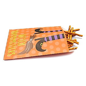 BLUE PANDA 100 Pack Halloween Paper Bags, Small Paper Halloween Treat Bags, Bulk Goody Bags for Candy, and Favors, 4 Designs, Vampire Teeth, Witch Broomsticks, Bag of Bones, Spider Eggs (8 x 5 In)