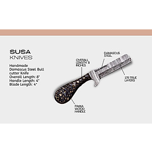 SUSA KNIVES Handmade Damascus Steel Bull Cutter Knife, Cowboy Fixed Blade knife, Wood Handle, EDC Knife PANCAKE Leather Sheath Gift For Men