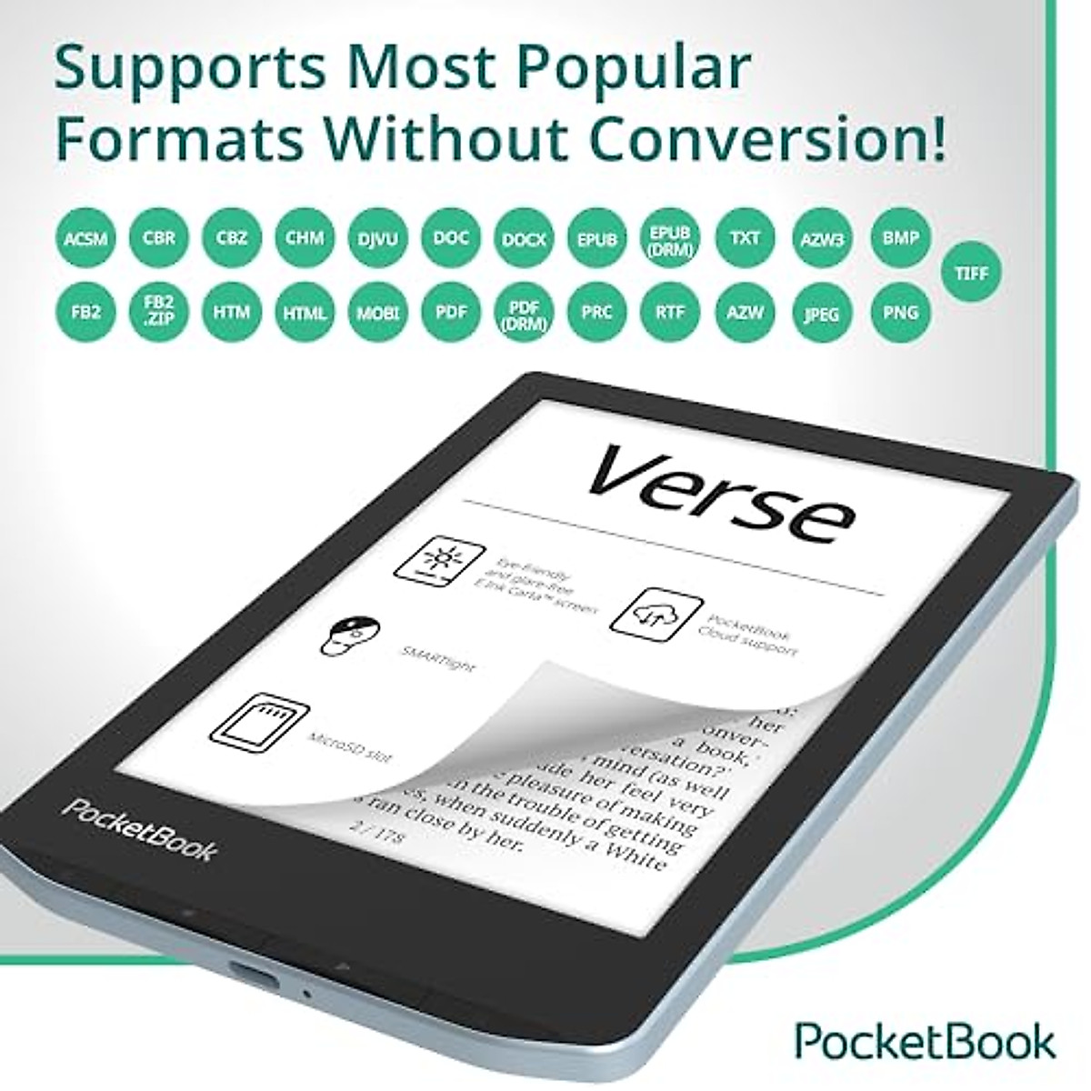 PocketBook Verse E-Reader | Eye-Friendly 6'' E-Ink Carta™ HD Touchscreen | Adjustable SMARTlight | Up to 1 Month of Battery Life | WiFi & Memory Card Slot | E-Book Reader in Bright Blue