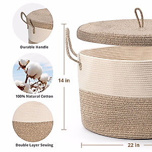 noonkty Blanket Basket, 21.7"X21.7"X13.8" Cotton Rope Basket, XXL Large Basket with Handle, Blanket Basket Living Room, Stuffed Toy Basket, Laundry Basket, Storage for Towels Pillow, Brown (with Lid)