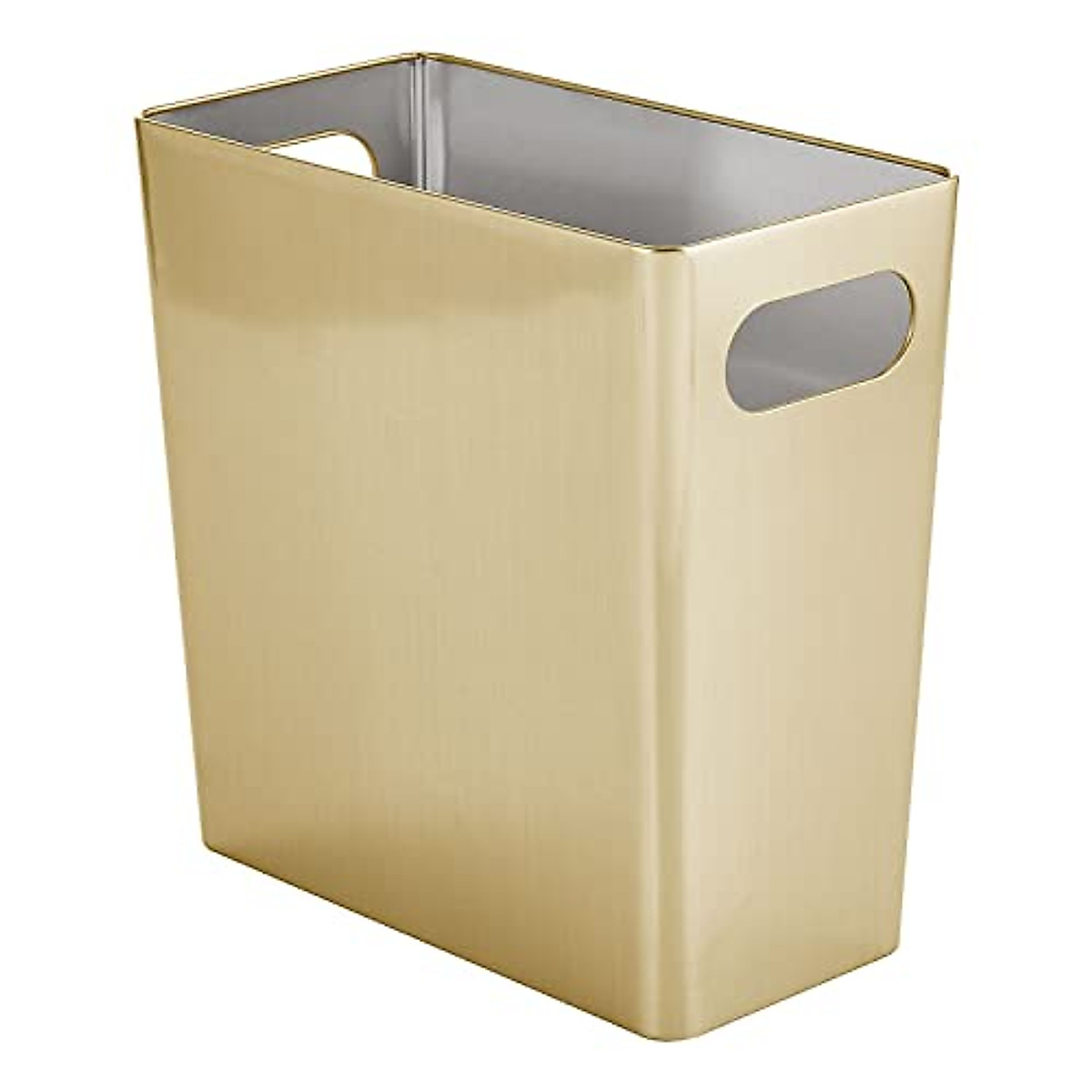 mDesign Stainless Steel Metal Rectangle Trash Can with Handles, 2.1 Gallon Wastebasket, Garbage Bin for Bathroom, Bedroom, Kitchen, or Home Office, Holds Waste/Recycles, Mirri Collection, Soft Brass