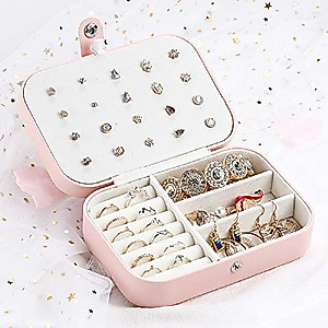 Yonzone Small Jewelry Box Travel Jewelry Organizer Mini Jewelry Storage Case for Women Girls Gift, Faux Leather Double Layer Portable Jewelry Boxes for Necklace Earring Ring, Pink