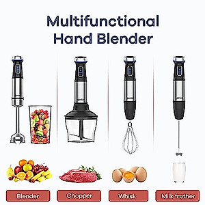 Ganiza Immersion Blender 5 in 1 Hand Blender 800W Heavy Duty Motor, 15 Speed and Turbo Mode Handheld Blender Stainless Steel Blade With 800ml Mixing Beaker, 600ml Chopper, Whisk and Milk Frother (Silver-1)
