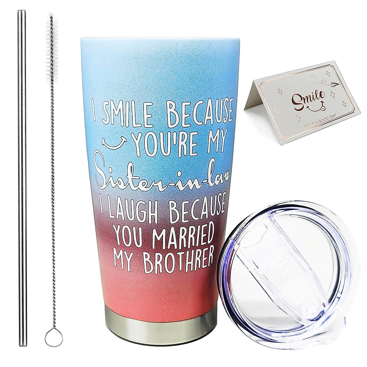 CTIGERS Funny Sister in Law Tumbler with Lid and Straw Insulated Travel Mug Gifts for Sister-in-law Birthday,Christmas,Thank Giving Day,Wedding Gifts for Sister Law 20 oz Blue Red Gradient