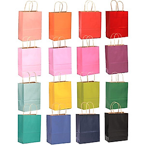 qiqee 60 pcs Kraft Bags with Handles 7.6"x4.75"x10.5" Medium Gift Paper Bags 16 Different Solid Color Bags