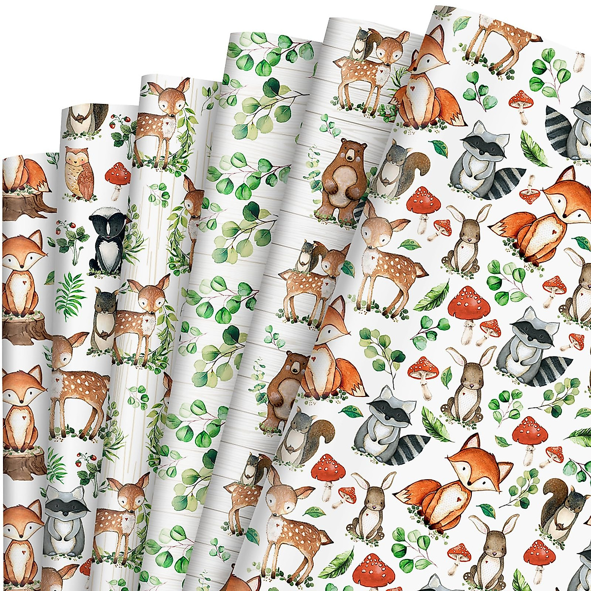 AnyDesign 12Pcs Woodland Creature Wrapping Paper Woodland Animal Eucalyptus Gift Wrap Paper Folded Flat Forest Theme Art Paper for Birthday Baby Shower DIY Crafts Gift Wrapping, 19.7 x 27.6 Inch