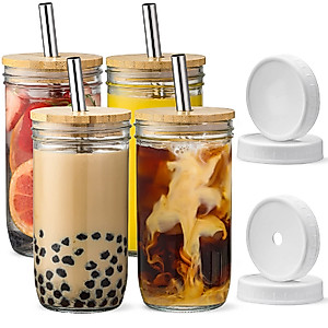 [ 4 Pack ] Glass Cups Set - 24oz Mason Jar Drinking Glasses w Bamboo Lids & Straws & 2 Airtight Lids - Cute Reusable Boba Bottle, Iced Coffee Glasses, Travel Tumbler for Bubble Tea, smoothie, Juice