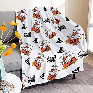 Halloween Pumpkin Cute Cat Skeleton Blanket Microfiber Flannel Throw Lightweight Super Soft Cozy Blankets for Couch Bed Sofa Chair, Gift for Birthday Thanksgiving Halloween 50"x40"for Kids