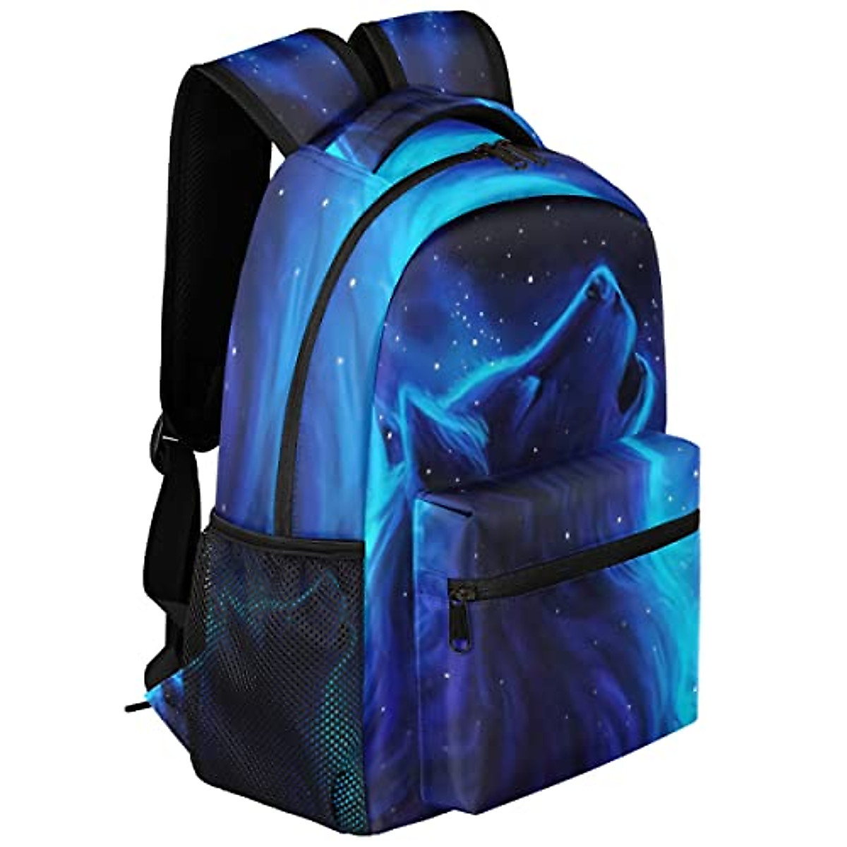 Wolf Backpacks for Boys Girls, Blue Galaxy Cool Wolf Lightweight School Backpack Laptop College Bookbag, Travel Casual Daypack, Hiking Camping Computer Rucksack