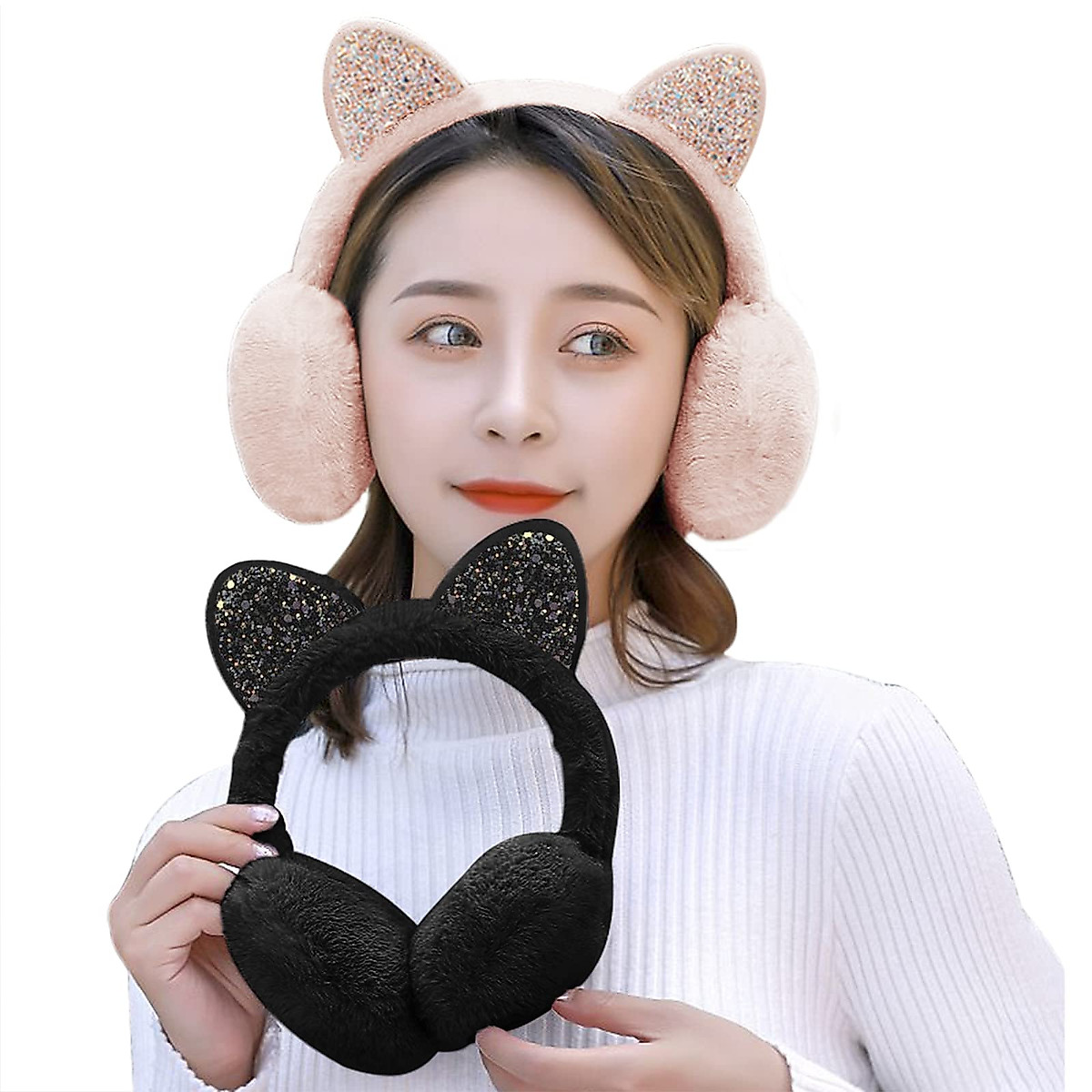 RONGXG Cute Sequin Cat Ear Earmuff Girls Plush Warm Ear Muff Soft Furry Outdoor Winter Ear Warmer Anti-Cold Ear Protector Earflap, Black, One Size