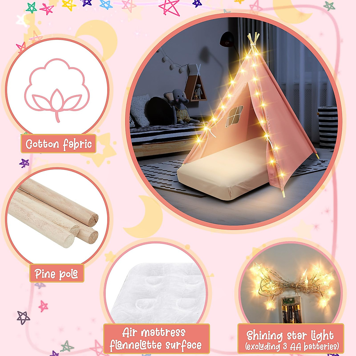 Windyun 6 Pack Kids Teepee Tent Bulk with Light String & Inflatable Airbed & Bedding Fitted Sheet, Natural Cotton Toddler Play Tent Washable Foldable Tent for Girls Boys Indoor Outdoor (Pink)