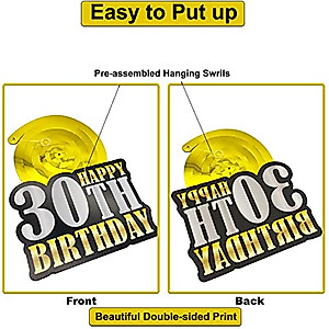 WOJOGO 30th Birthday Decorations for Him, Gold Black 30 Birthday Decorations for Women Men, Happy 30th Birthday Banner Hanging Swirls Birthday Cake Topper Balloons Decor Kit for Party Supplies
