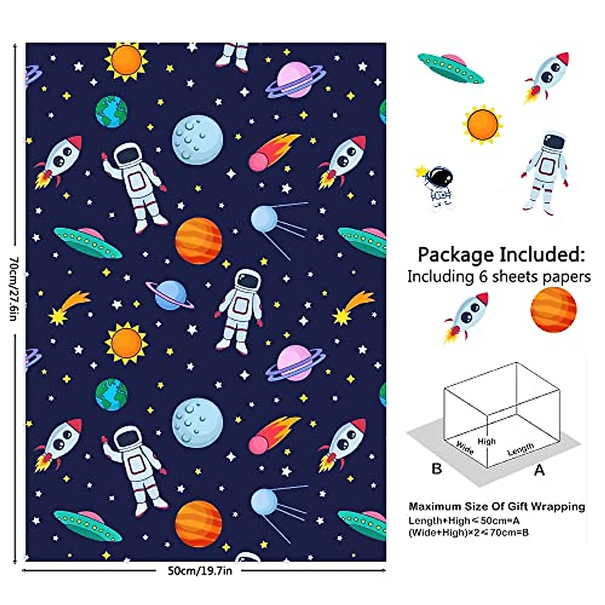 Birthday Wrapping Paper 6 Sheets Gift Wrap 20 x 30 inches per sheet (Folded Flat 6 sheets in 3 Designs: 26 sq. ft. ttl.), Astronaut Solar System Planets Rocket Alien Galaxy Pattern- for Space Lover Boys Kids Baby Shower Kindergarten Party