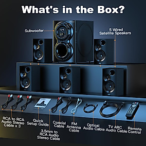 Bobtot Surround Sound Systems 1400 Watts Peak Power Home Theater Speakers - 12" Subwoofer Strong Bass 5.1 Wired Loud Stereo Audio System with Bluetooth HDMI ARC Optical Input for TV
