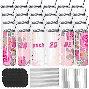 Tswofia 20 oz Stainless Steel Insulated Straight Sublimation Tumblers, 24 Pack, White, Skinny, Modern, Reusable, Perfect for Home and Travel