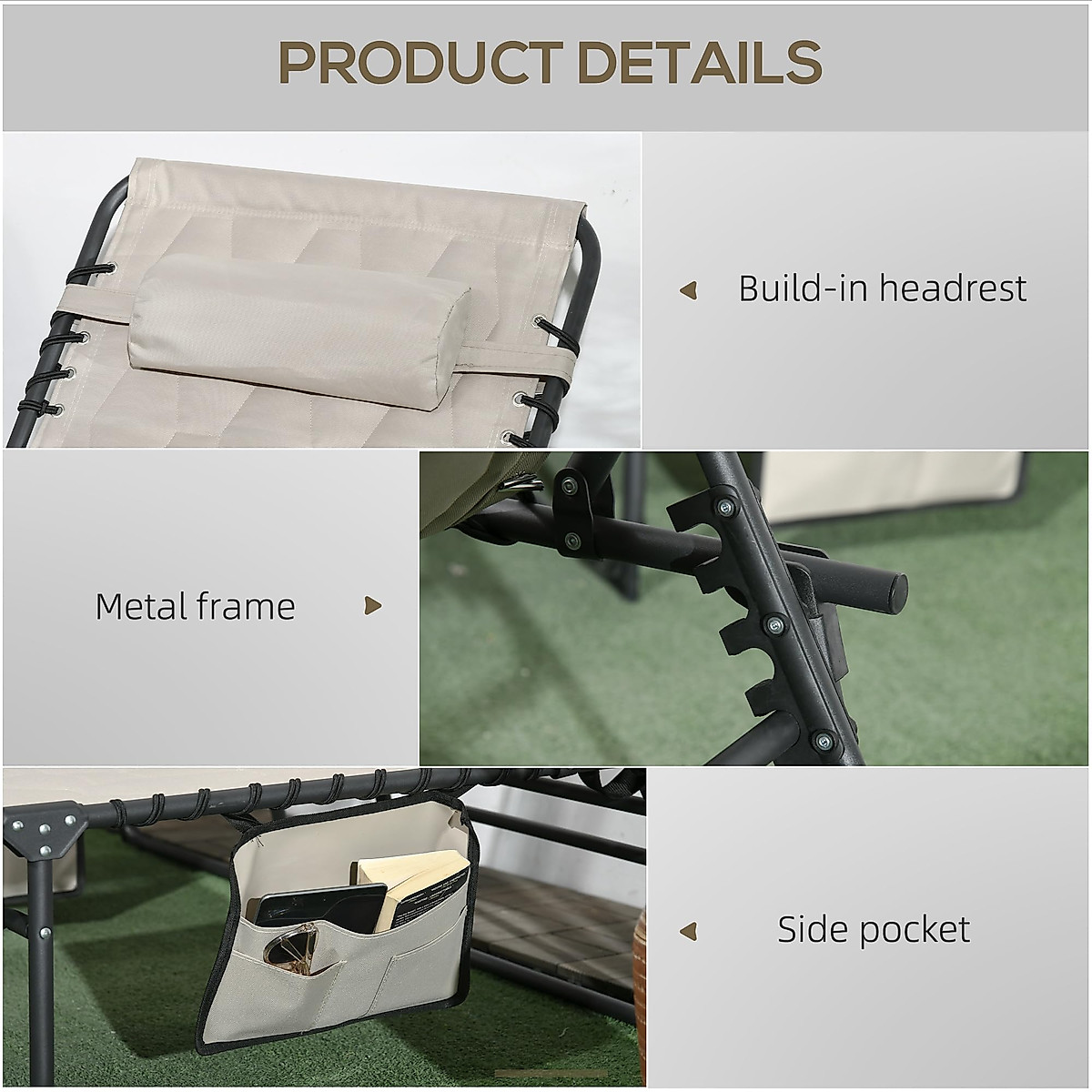 Outsunny Folding Chaise Lounge Set of 2 with 5-Level Reclining Back, Outdoor Lounge Tanning Chair with Padded Seat, Side Pocket & Headrest for Beach, Yard, Patio, Khaki