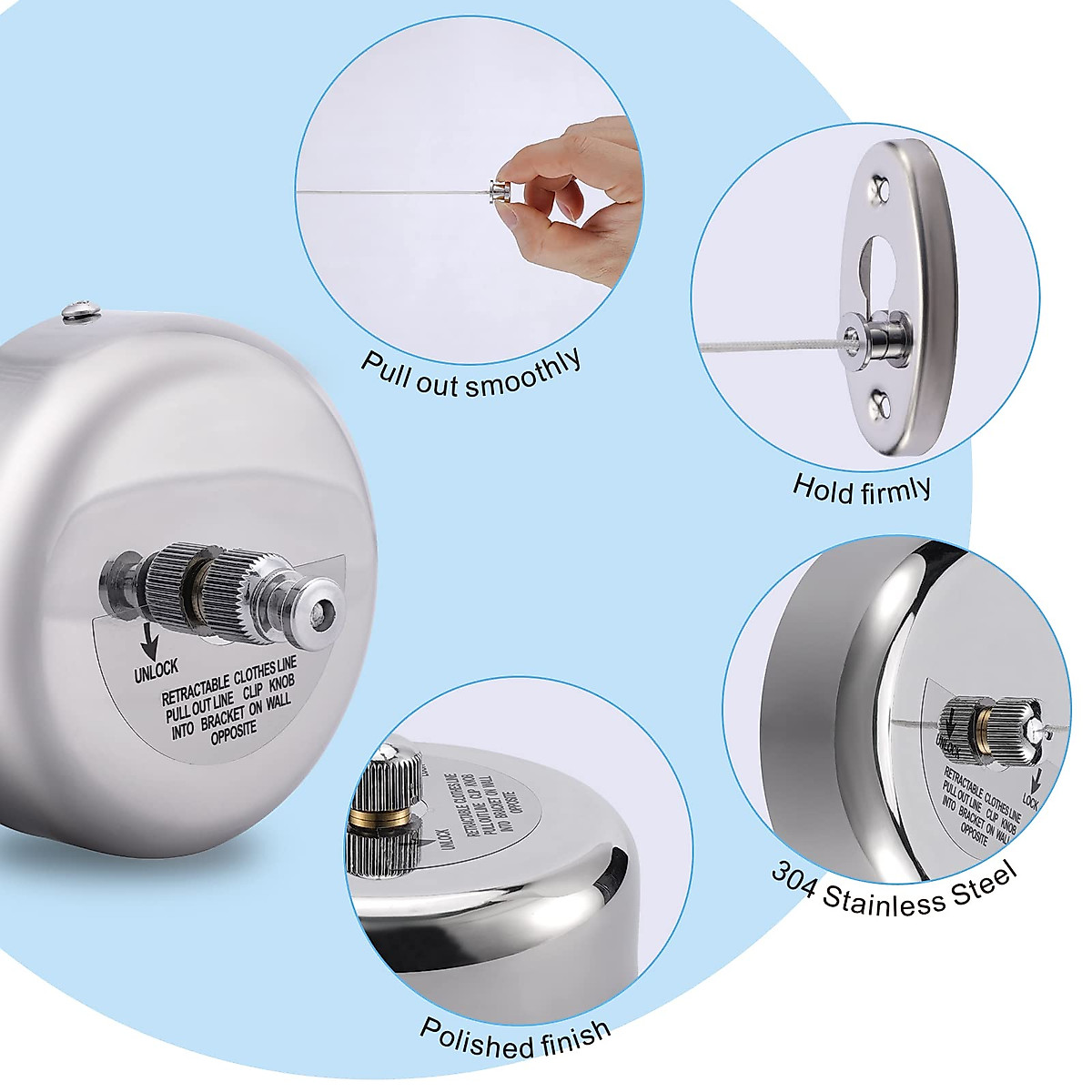 Little World Retractable Clothesline - 304 Stainless Steel Retractable Clothesline Indoor with Adjustable Nylon Rope, Wall Mounted Retractable Laundry Line, Laundry Accessories