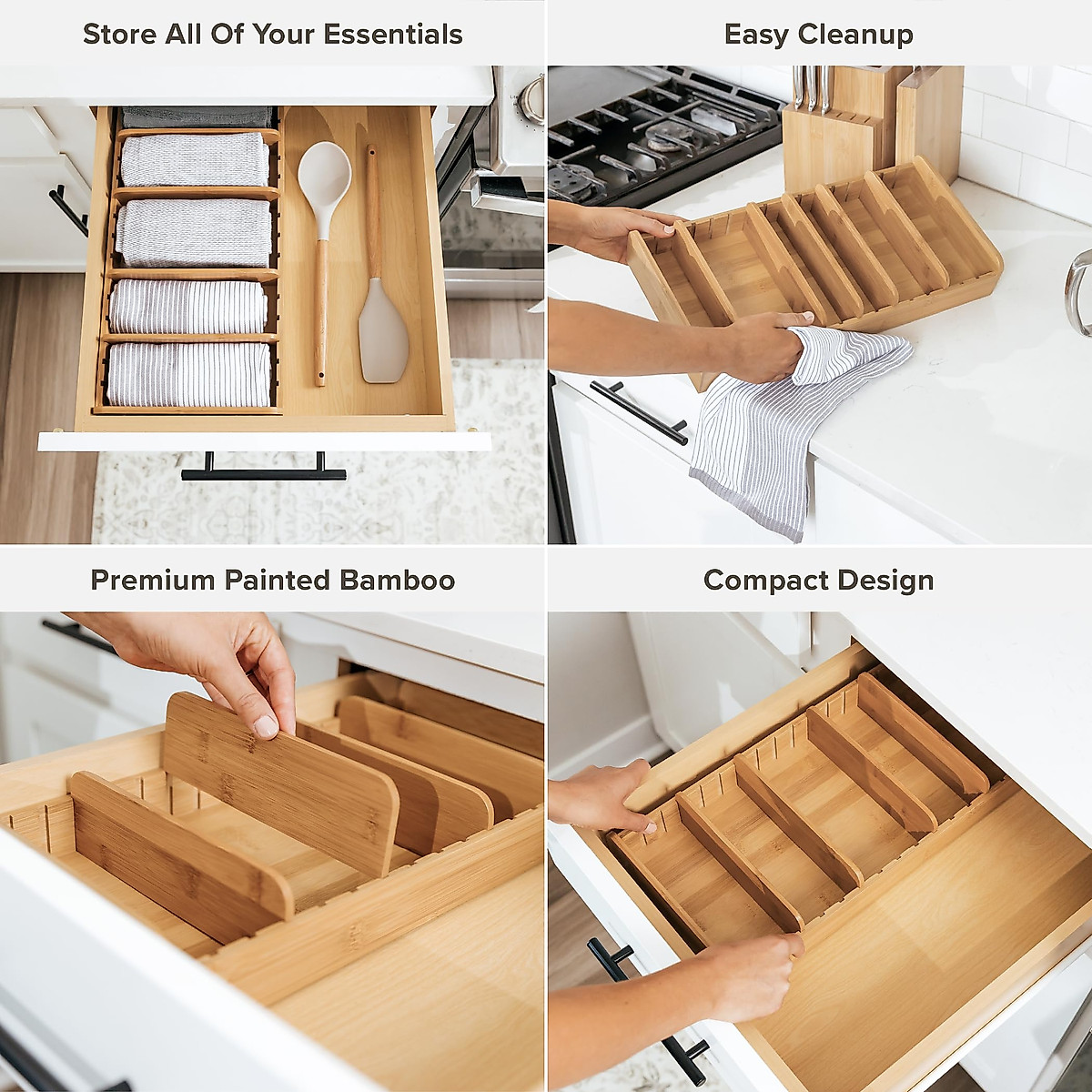 KitchenEdge Bamboo Kitchen Towel and Food-Storage Organizer, Perfect for Kitchen Drawers, Cabinets, Pantry, 5 Adjustable Wall Inserts, Organize & Store Plastic Food Containers