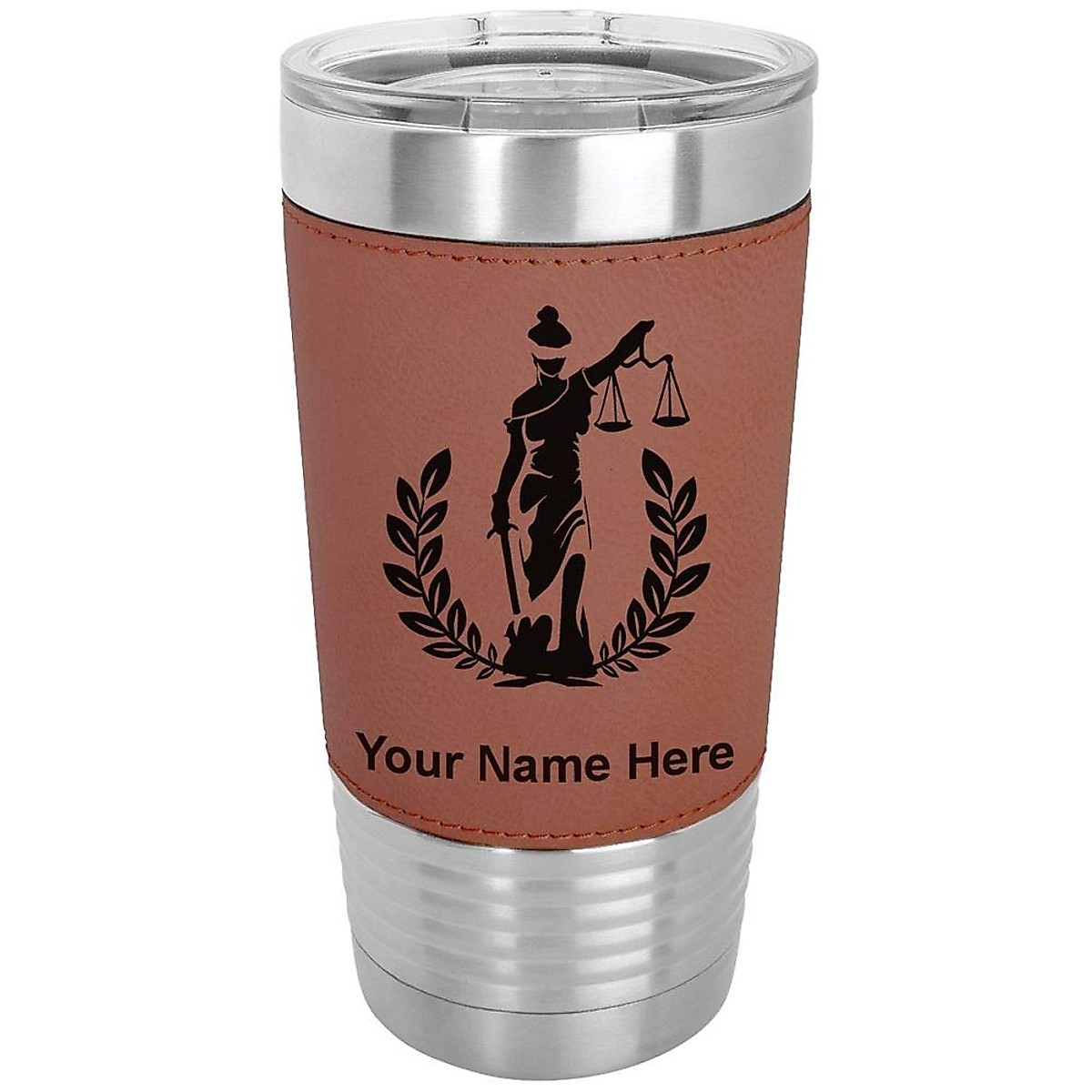 LaserGram 20oz Vacuum Insulated Tumbler Mug, Lady Justice, Personalized Engraving Included (Faux Leather, Dark Brown)