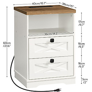 HOOBRO Nightstand with Wireless Charging Station and LED Lights, Farmhouse End Table with 2 Drawers and Open Shelf, Smart LED Side Table with Wireless and USB for Bedroom, Antique White WH140UDBZ01