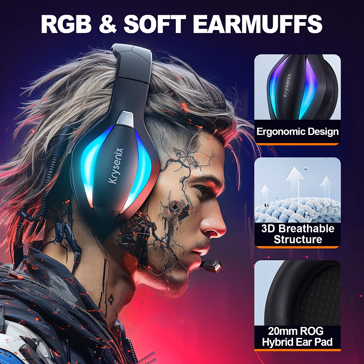 Krysenix PG1 Gaming Headset with Microphone for PS4, PS5, PC, Switch, Xbox, Gaming Headphones with RGB Light, Computer Headset with Mic & 3.5mm Jack