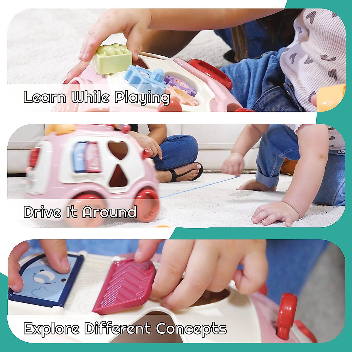 Musical Baby Bus Toys with Sound Effects, and Early Learning Activities for Toddlers 1-3, Fun and Interactive Play with Music, Sounds, Telephone, Drum, Shapes and Colors, Pink