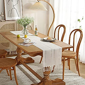 Laolitou Rustic Table Runner with Tassels, Cotton Linen Table Decoration for Holiday Party, Farmhouse Table Runners, Wedding and Dining Decorations, 72 Inches, Ivory