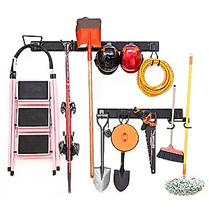 Homeon Wheels Tools Storage Rack system, for Room, Garage Organizer &Garden Organizer, Heavy-duty Solid and Easy to Install, Holds 10 hooks & Max 420 lbs, Holds Shovels, Rakes, Maps, Skis and Bikes