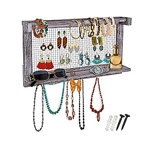 Comfify Rustic Jewelry Organizer – Wall Mounted Jewelry Holder w/Removable Bracelet Rod, Shelf & 16 Hooks – Perfect Earrings, Necklaces & Bracelets Holder – Rustic White
