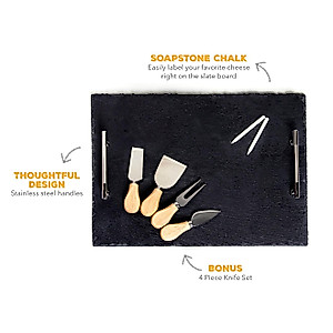 Slate Cheese Board - 7 pc Serving Tray Set 16"x12" Large - Stainless Steel Handles - Soapstone Chalk - 4 Cheese Knives - Foam Protective Feet by Proper Goods